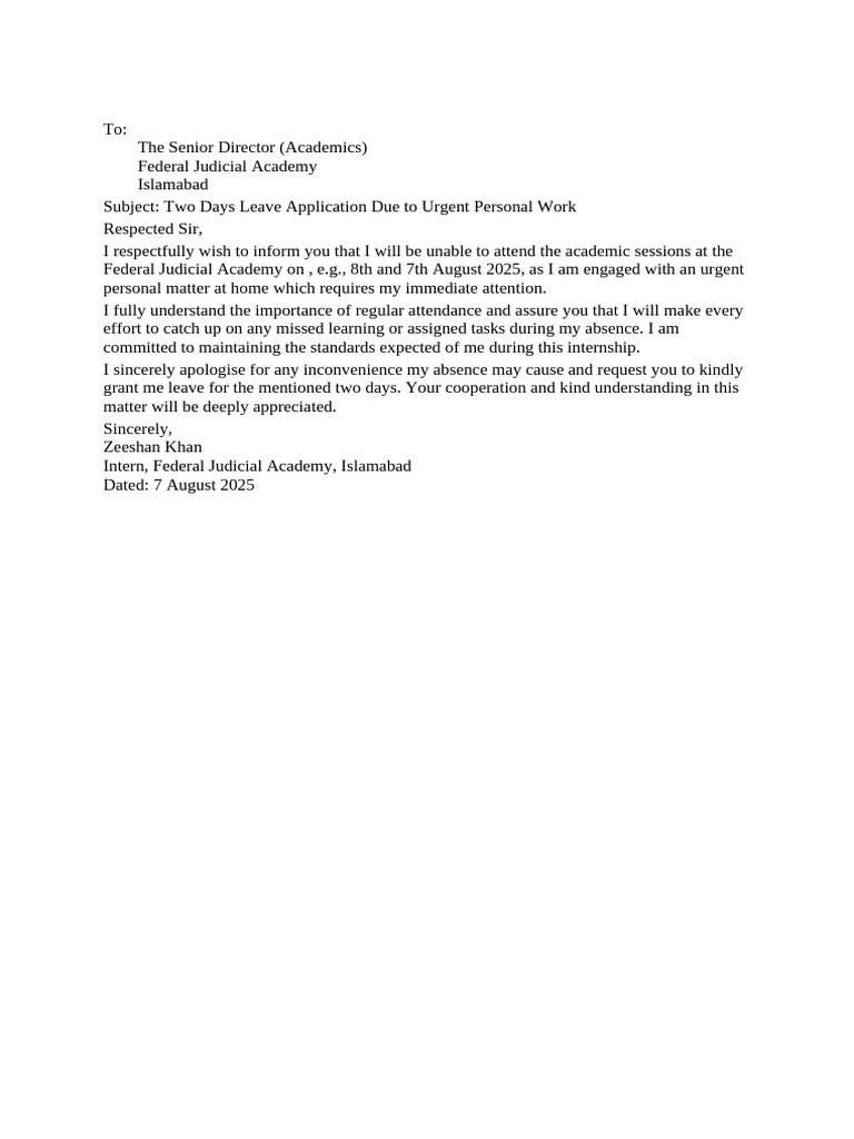 Leave Application for Two Days | PDF