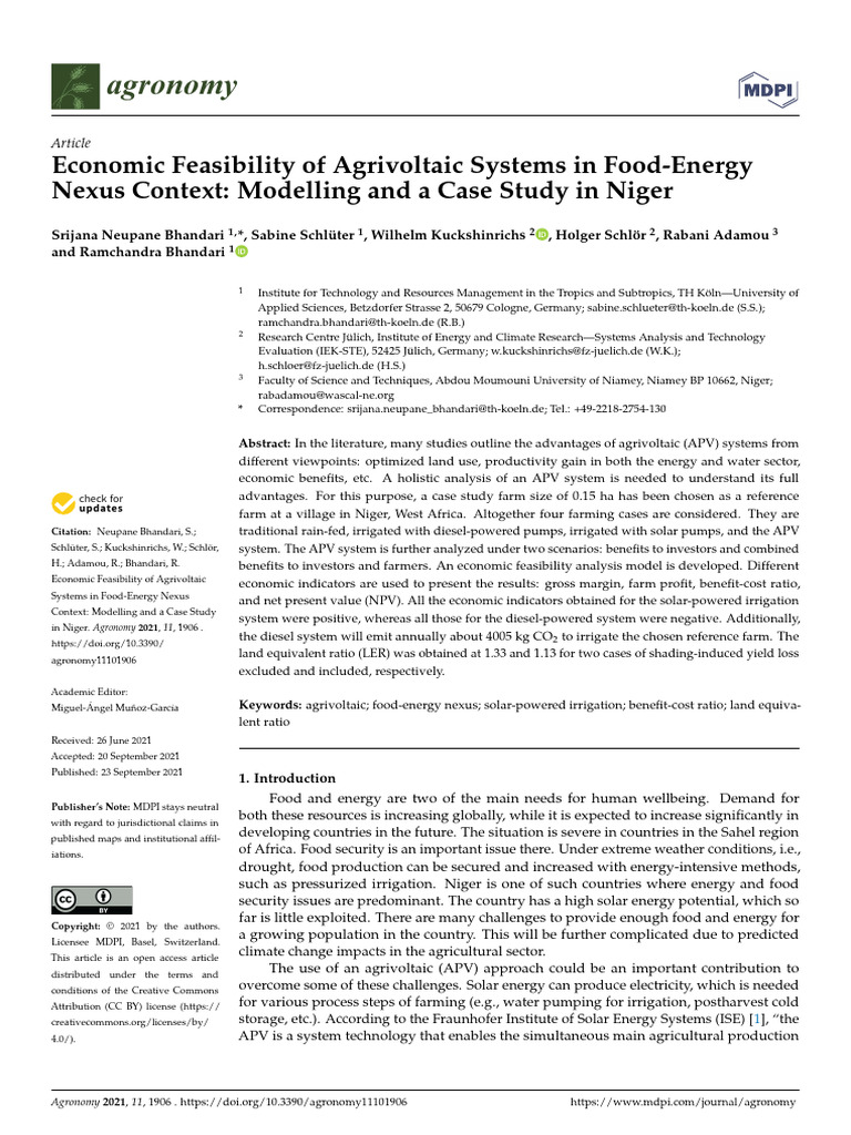 Economic Feasibility of Agrivoltaic System in Food-Energy Nexus Context | PDF | Agriculture ...