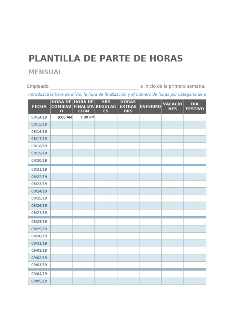 Plantilla de Parte de Horas Mensual | PDF