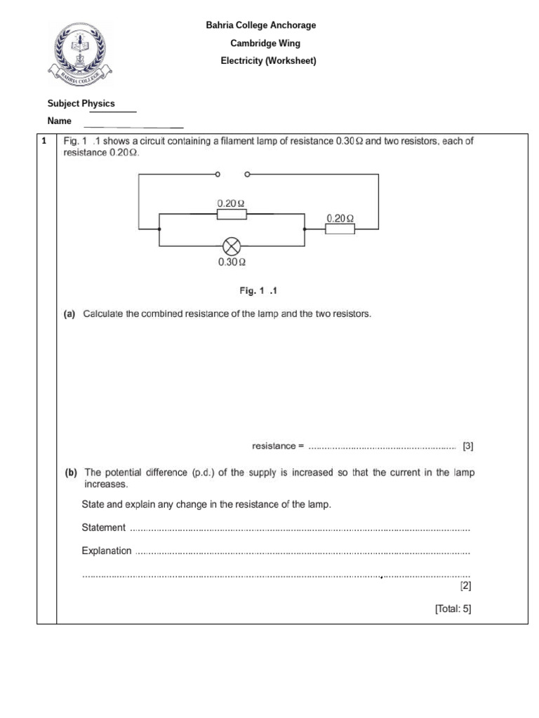 Electricity Worksheet | PDF