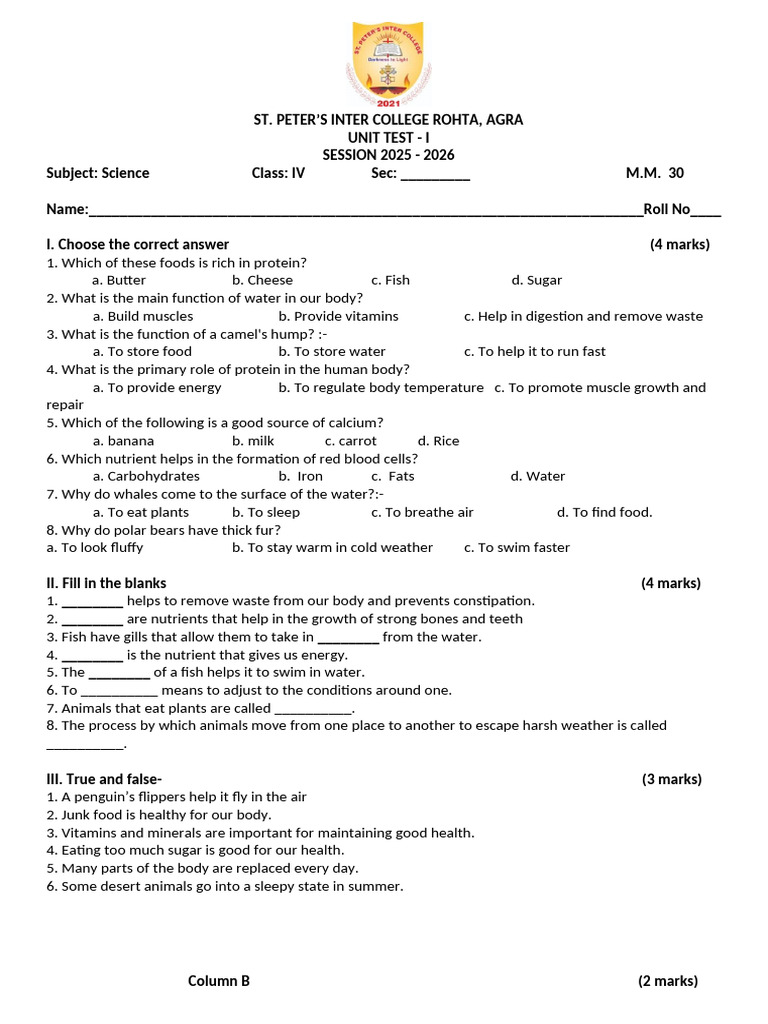 CLASS 4th SCIENCE UNIT TEST 1 - REUBEN | PDF | Foods | Water