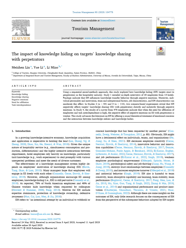 2023 TM VERY Important Paper The Impact of Knowledge Hiding On Targets ...