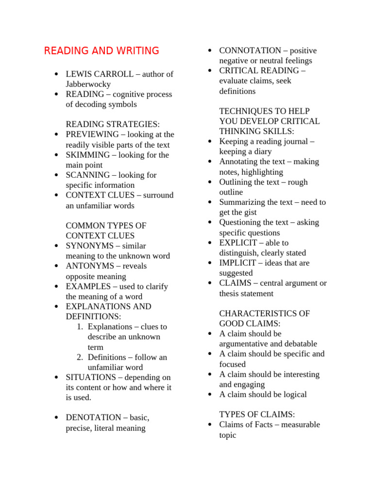 Reading and Writing Strategies Guide | PDF | Evidence | Literacy
