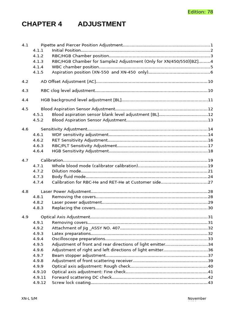 Manual Analizador de Hematologia Roche XN-L - e - Chap04 - Adjustment | PDF | Laser | Calibration