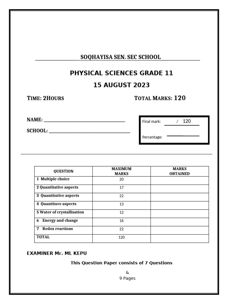 Grade 11 Physical Sciences Test 4 | PDF | Chemical Reactions | Redox