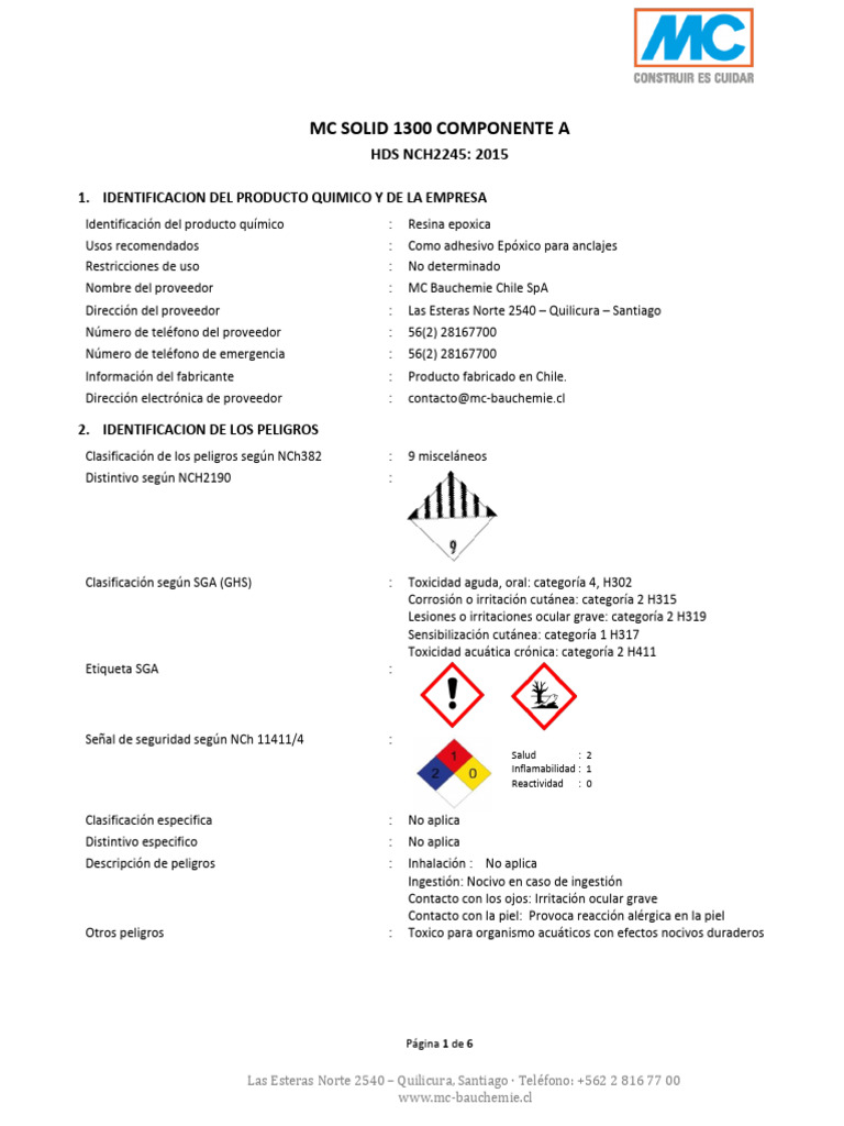 MC Solid 1300: Resina Epóxica y Peligros | PDF | Agua | Residuos