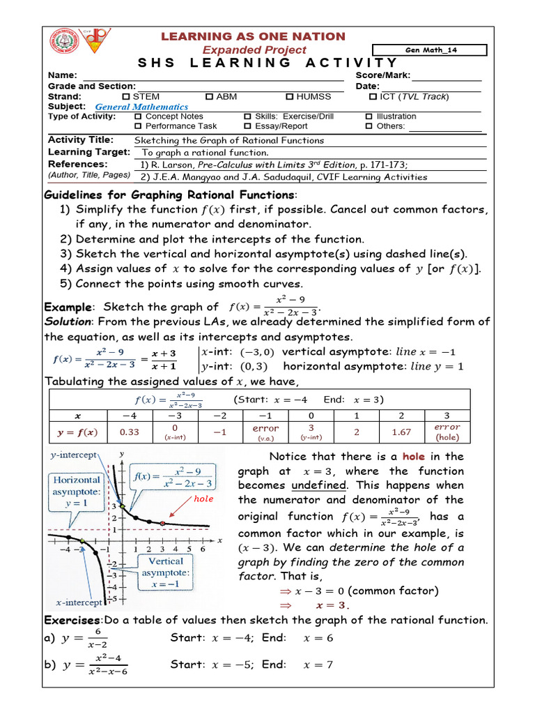 Gen Math LAS 14 Graph of A Rational Function | PDF | Asymptote | Function (Mathematics)