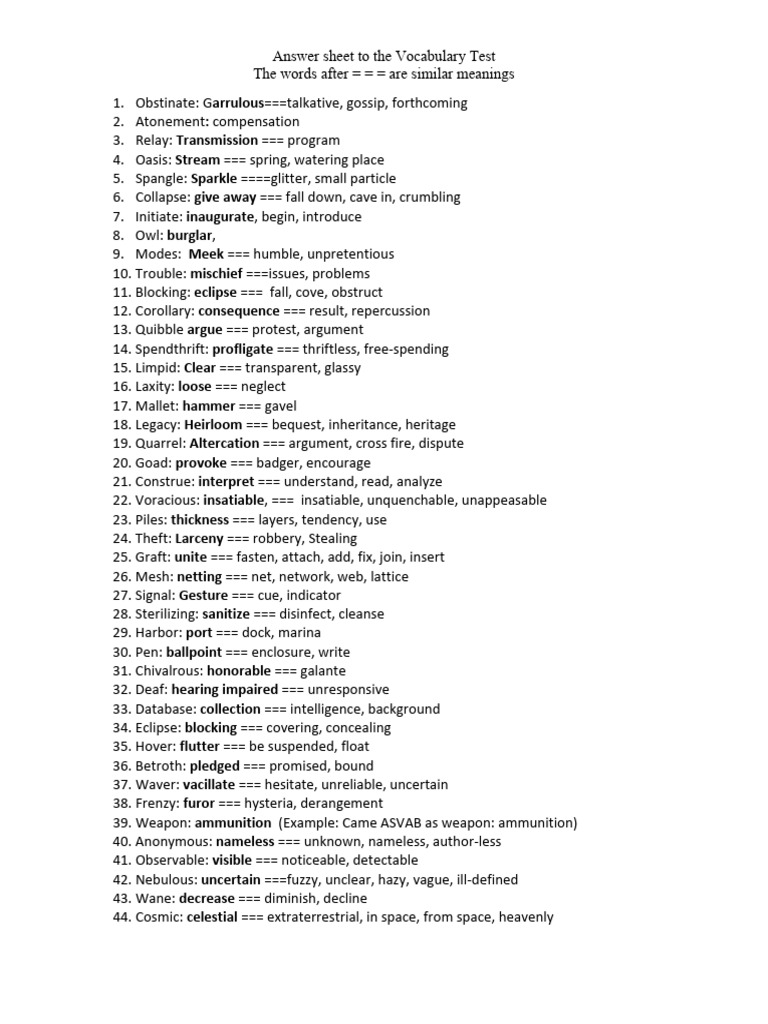 Vocabulary Test Answer Key | PDF