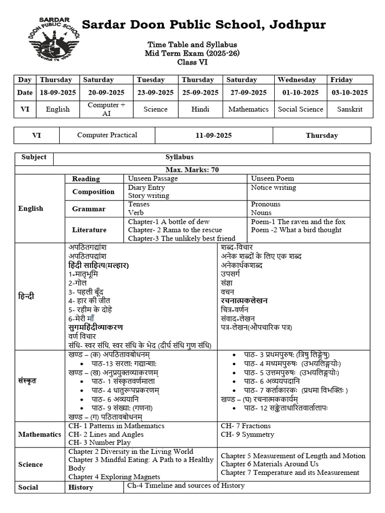 Class VI Mid Term Exam Timetable 2025-26 | PDF | Linguistics