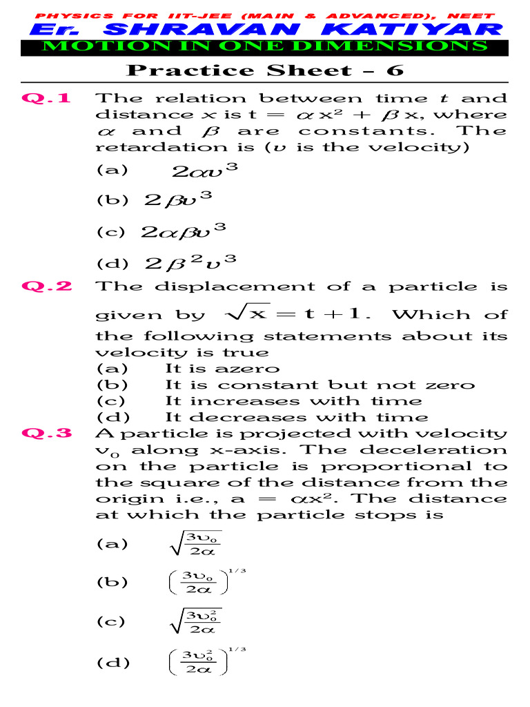 Motion in One Dimension Practice Sheet | PDF | Acceleration | Velocity