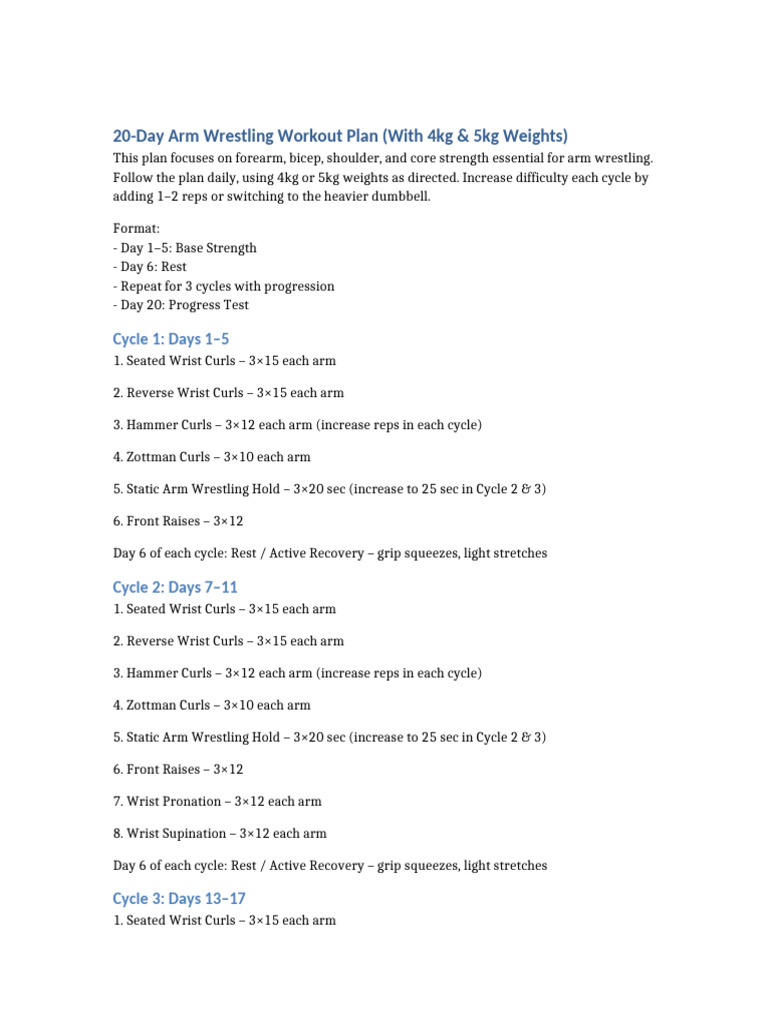 20-Day Arm Wrestling Training Plan | PDF