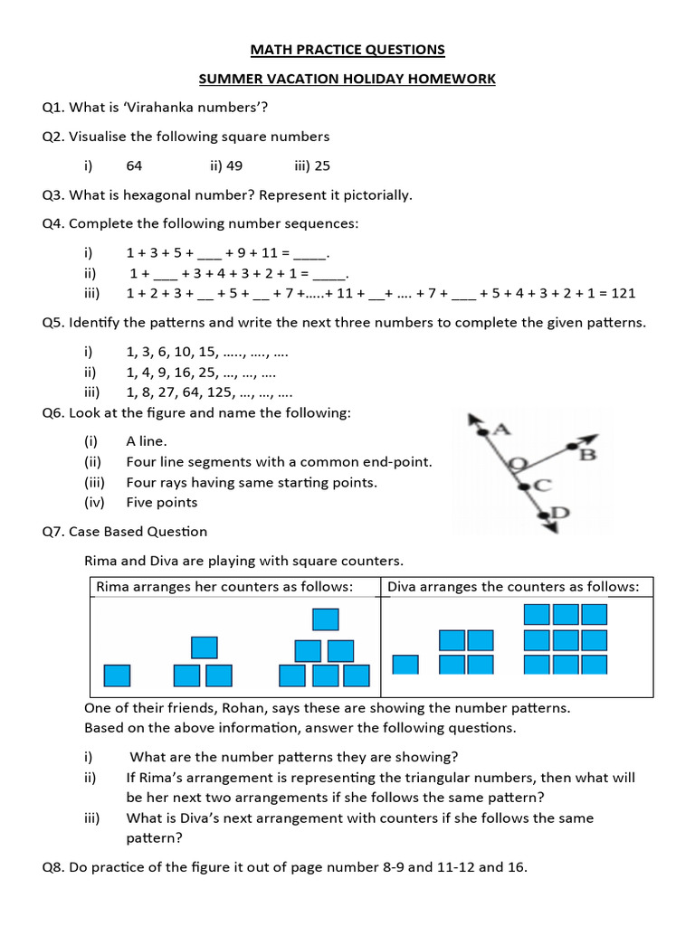 VI Math Summer Vacation Holiday Homework | PDF