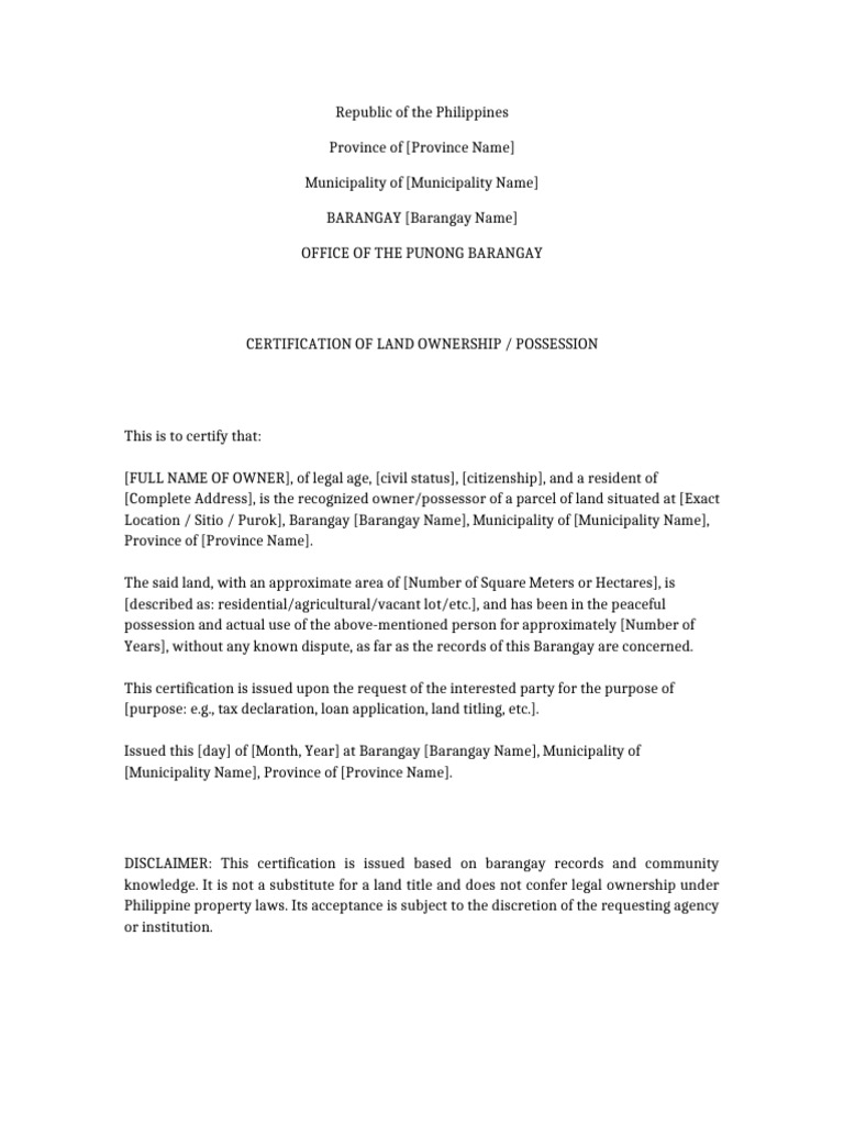 Barangay Land Ownership Certification | PDF