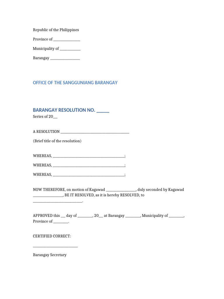 Sample Barangay Resolution Template | PDF