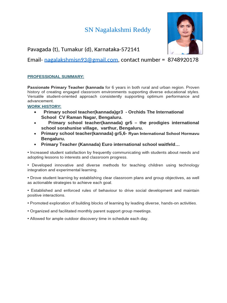Kannada Resume for Primary Teacher | PDF