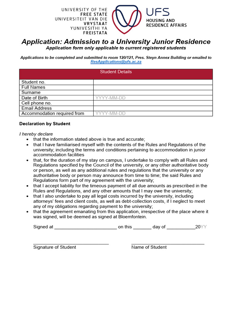 Junior Residence Admission Application | PDF