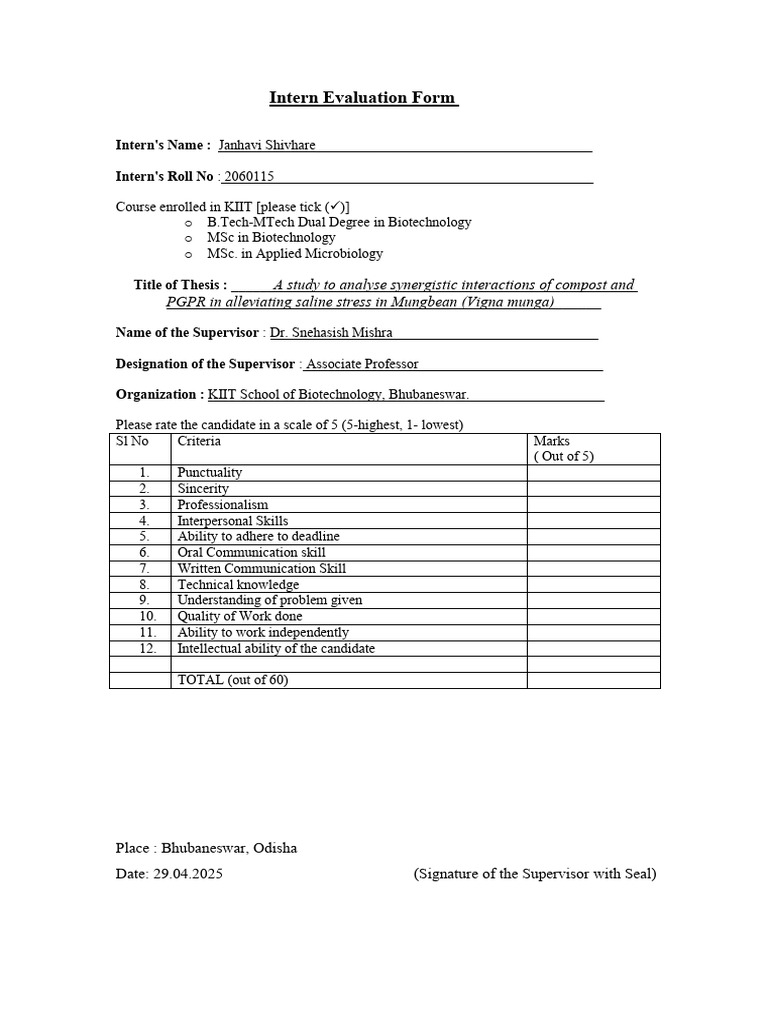 Intern Evaluation Form For Supervisor | PDF | Thesis
