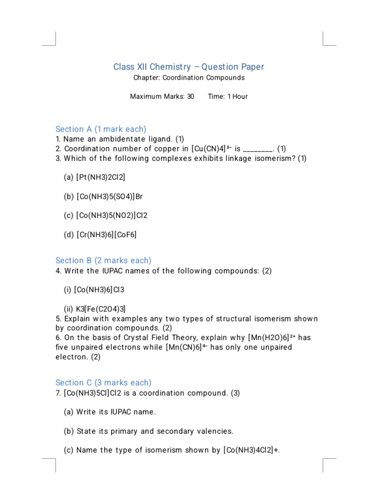 Class XII Chemistry: Coordination Compounds Exam | PDF