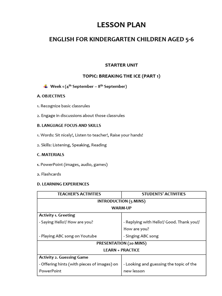 Kindergarten English Lesson Plan | PDF | Vocabulary | Teachers