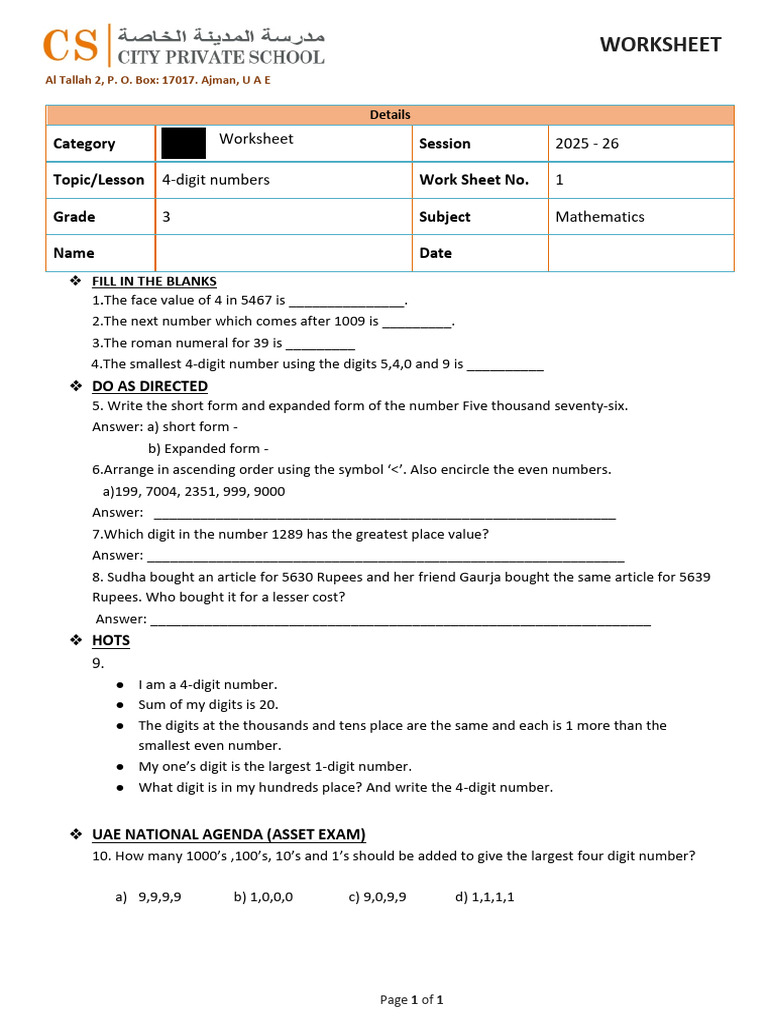 Grade 3 Math Worksheet: 4-Digit Numbers | PDF