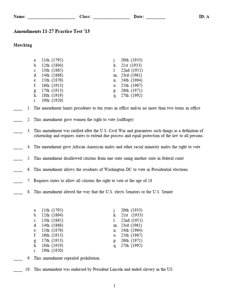Amendments 11-27 Practice Test | PDF | Suffrage | Citizenship