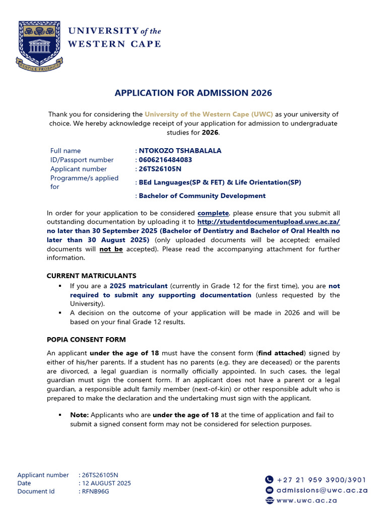 Application For Admission 2026: Full Name: ID/Passport Number ...