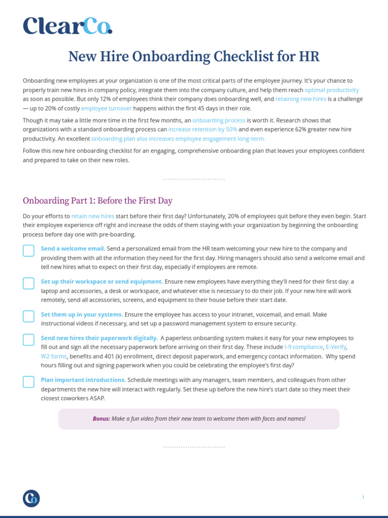 New Hire Onboarding Checklist Guide | PDF | Goal Setting ...