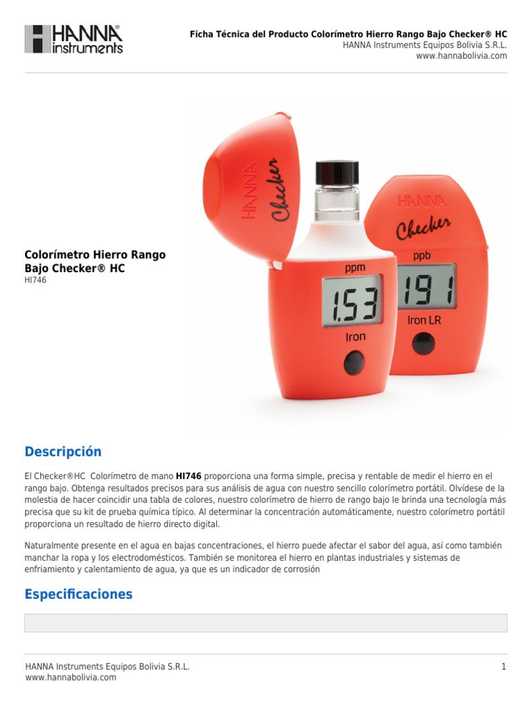 HI746 - Colorímetro Hierro Rango Bajo Checker® HC | PDF