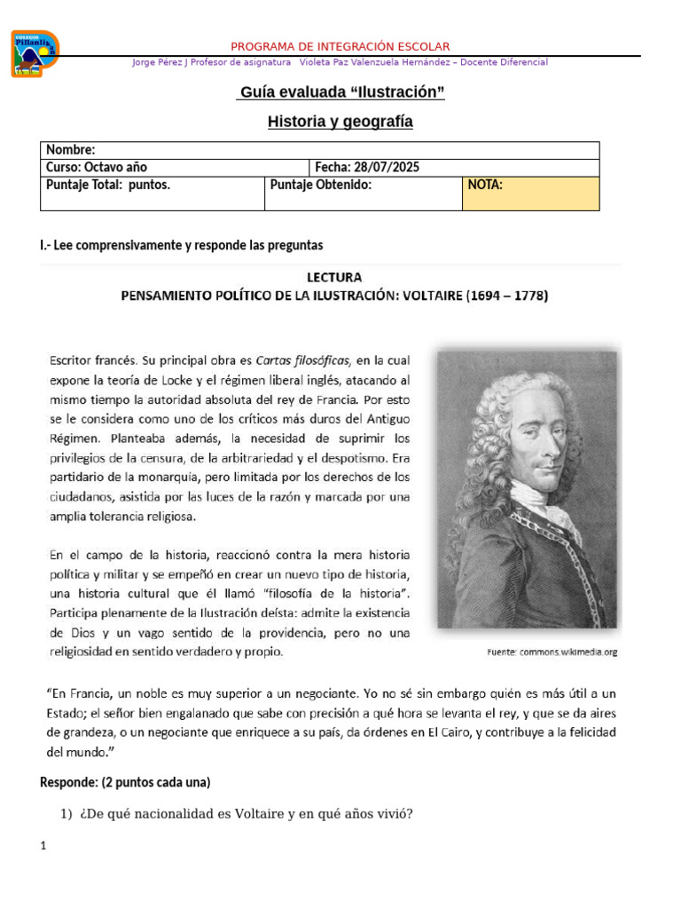 Guía Evaluada Historia | PDF | Era de iluminacion | Voltaire