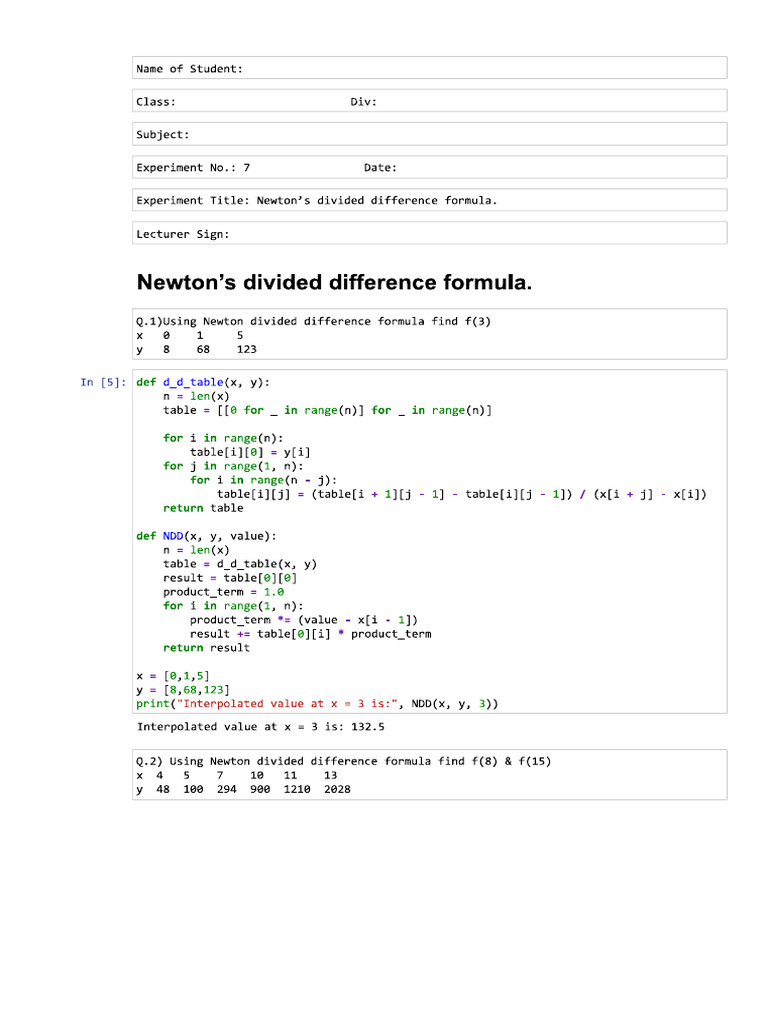 7.newton's Divided Difference Formula. | PDF