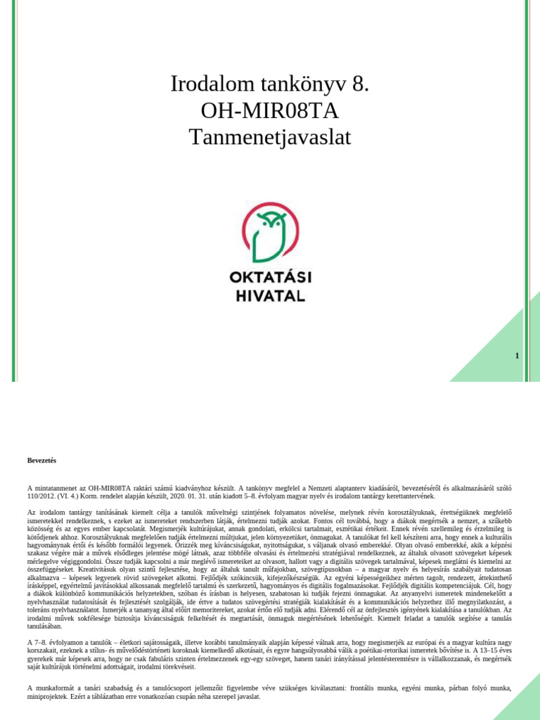 Irodalom Tanmenet 8.A | PDF