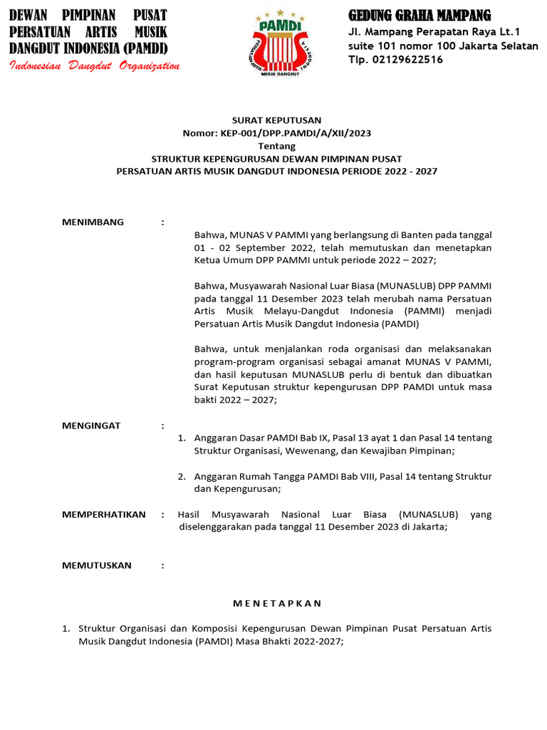 Struktur Kepengurusan PAMDI 2022-2027 | PDF