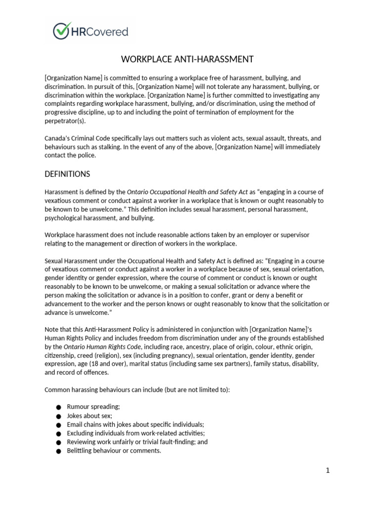 Ontario Workplace Harassment Policy | PDF | Harassment | Sexual Harassment