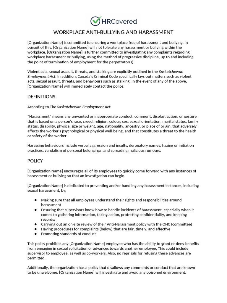 Workplace Anti-Bullying and Harassment Policy - SK | PDF | Harassment ...