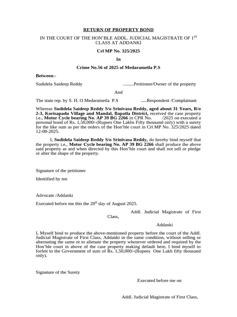 RETURN of PROPERTY BOND and Official Memorandum in Crime No. 56 of 2025 ...