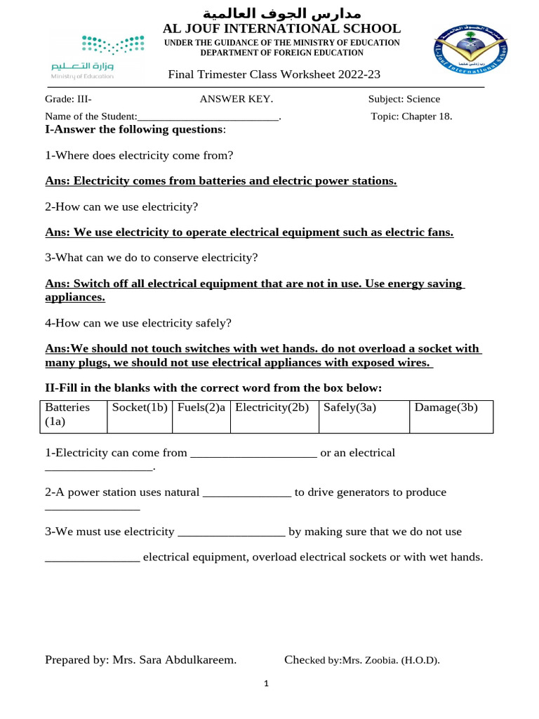ANS KEY Science Chapter 18 Sources and Uses of Electricity .ANSWER KEY | PDF | Electrical ...