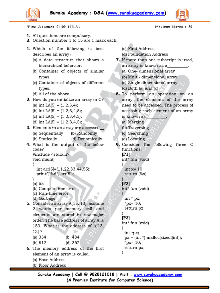 Data Structure Best MCQs For Array, Stack, DMA | PDF | Pointer (Computer Programming) | Computer ...