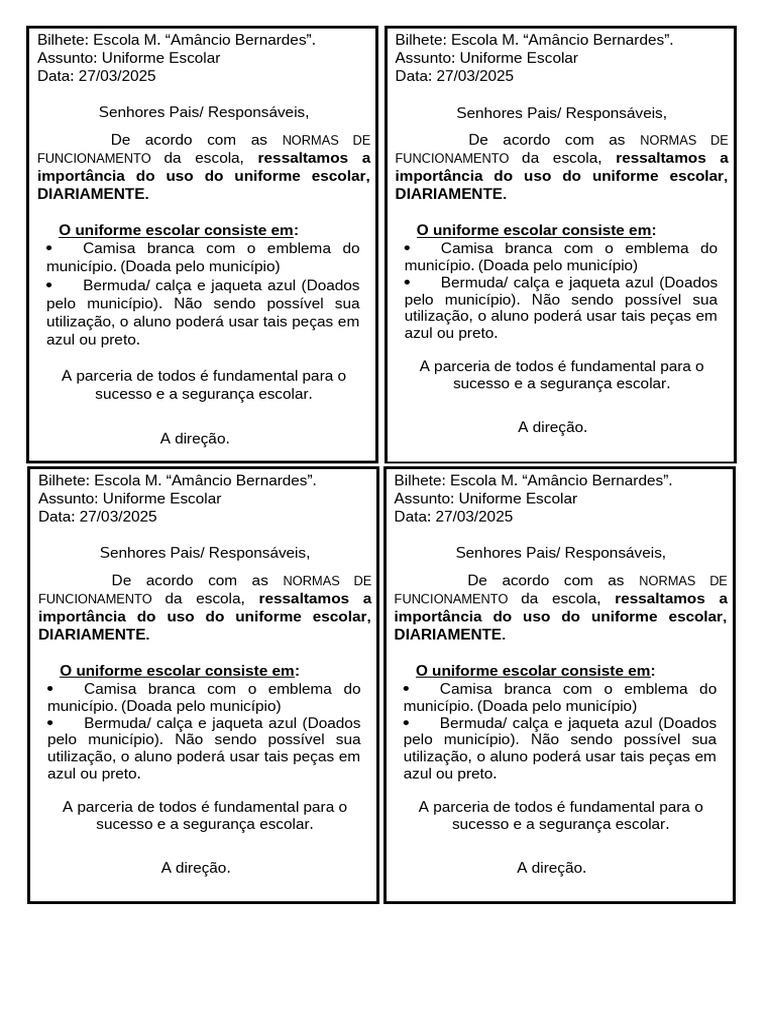 Bilhete Uniforme Escolar 2025 | PDF