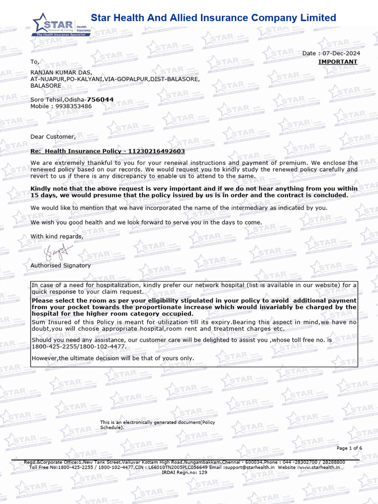 Star Health Insurance Renewal Notice | PDF | Insurance | Taxes