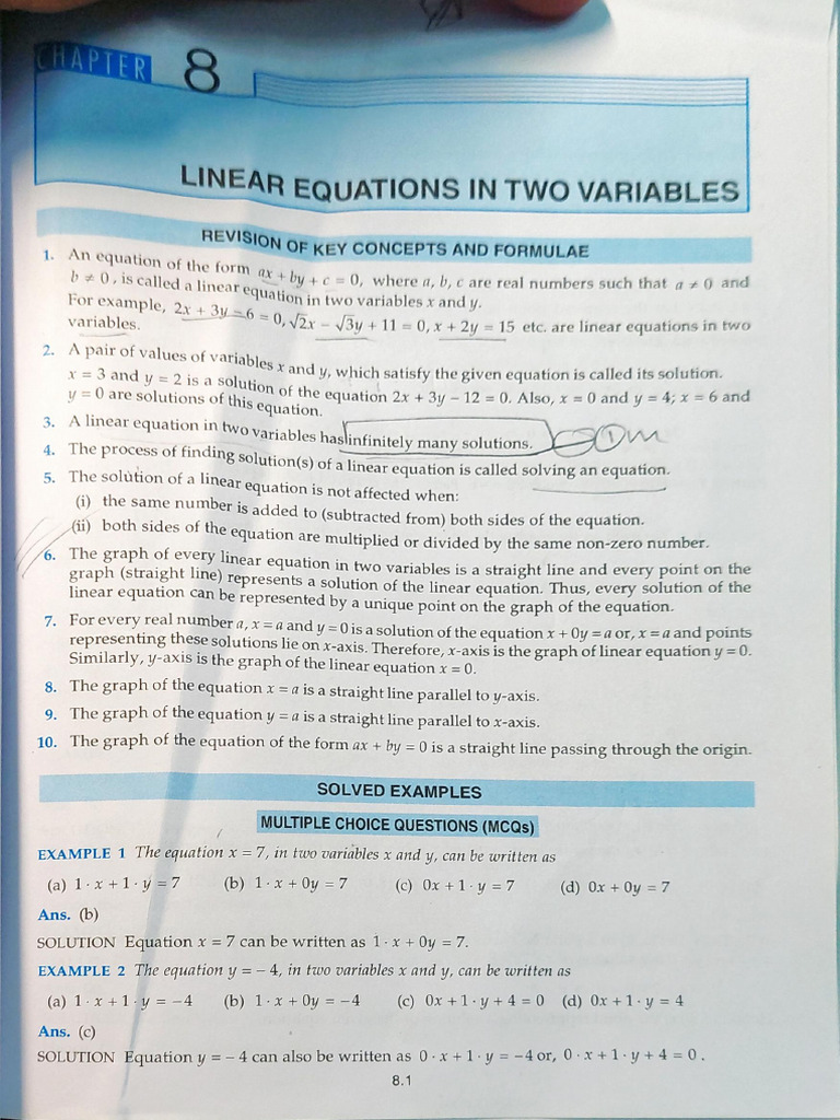 RD Sharma Class 9 Linear Equation in Two Variables Mcqs | PDF