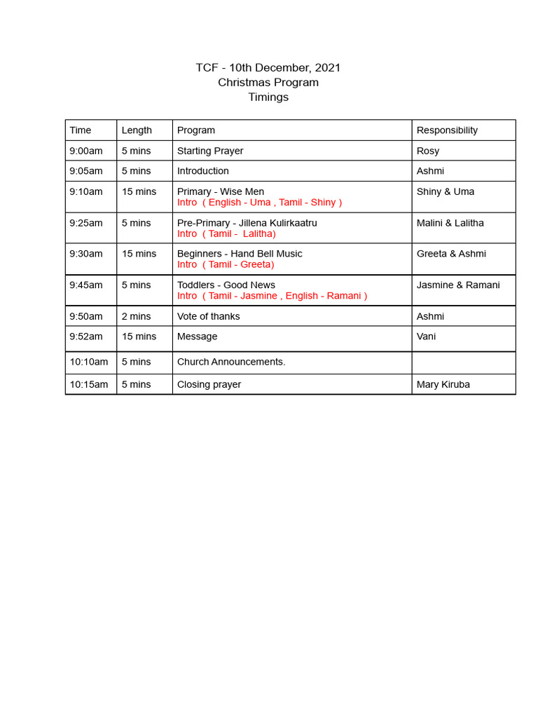 TCF Christmas Program Timings! | PDF