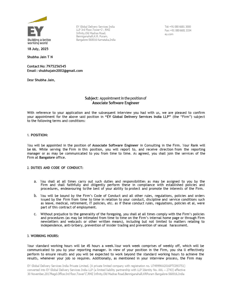 EY Offer Letter for Associate Engineer | PDF | Employee Benefits ...