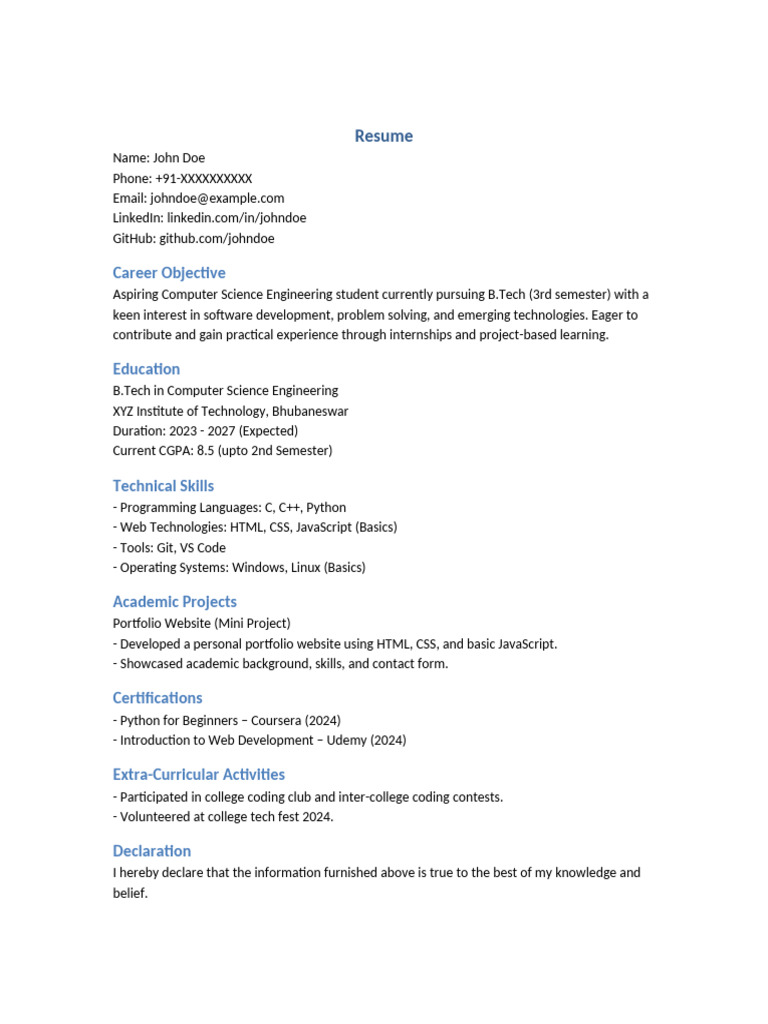 B.Tech CSE Fresher Resume Template | PDF