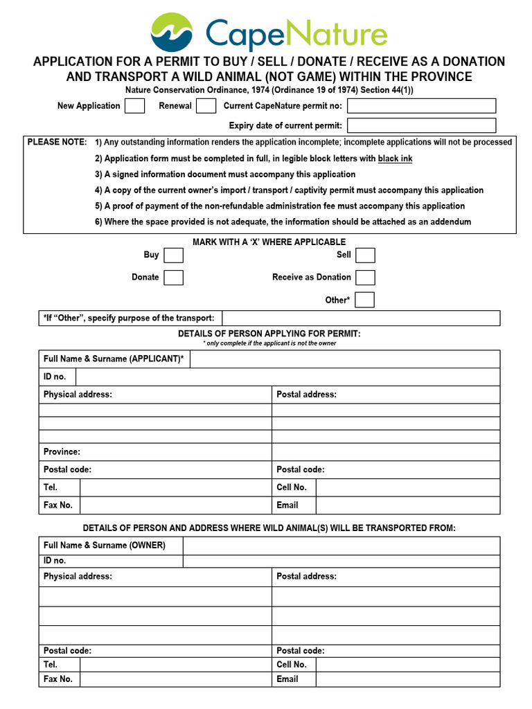 Application Transport Wild Animal Not Game Permit 07112016 | PDF