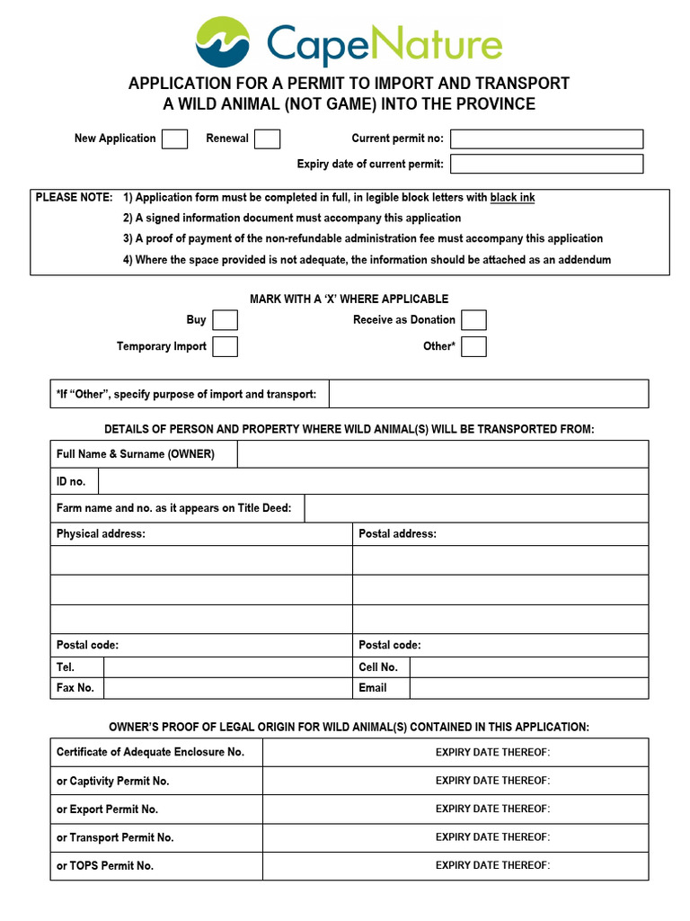 Import Permit Application for Wild Animals | PDF