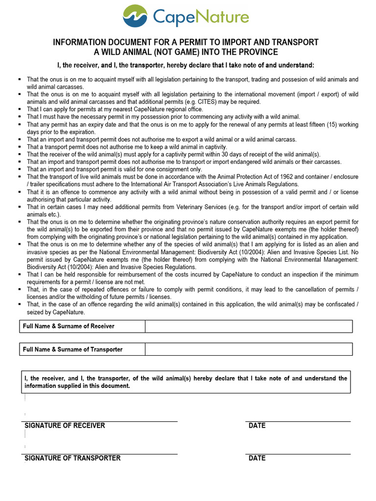 Wild Animal Import & Transport Permit Guide | PDF
