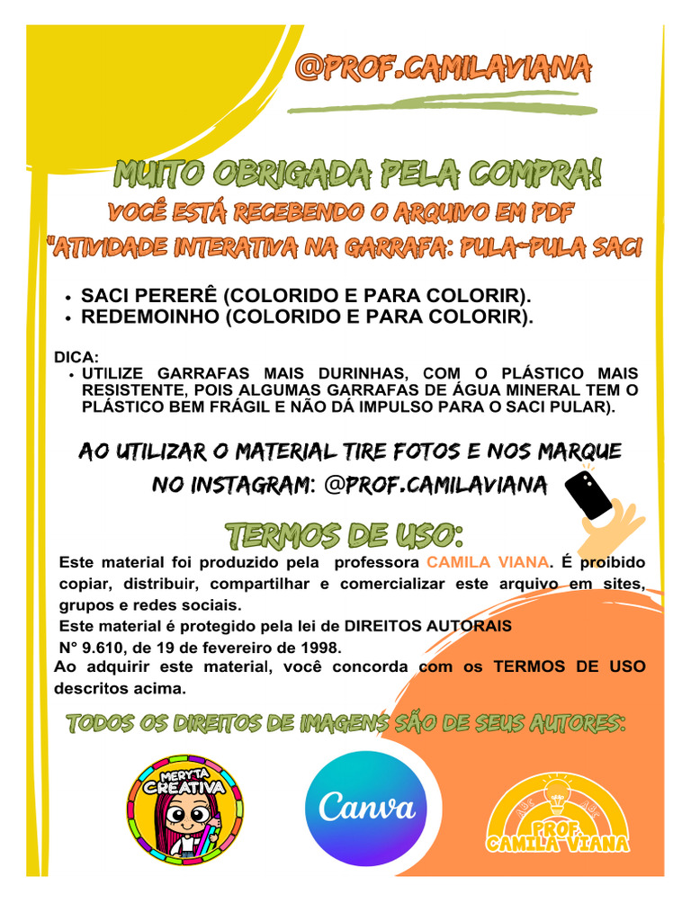 Wooguard Atividade Interativa Na Garrafa Pula Pula Saci 3 | PDF