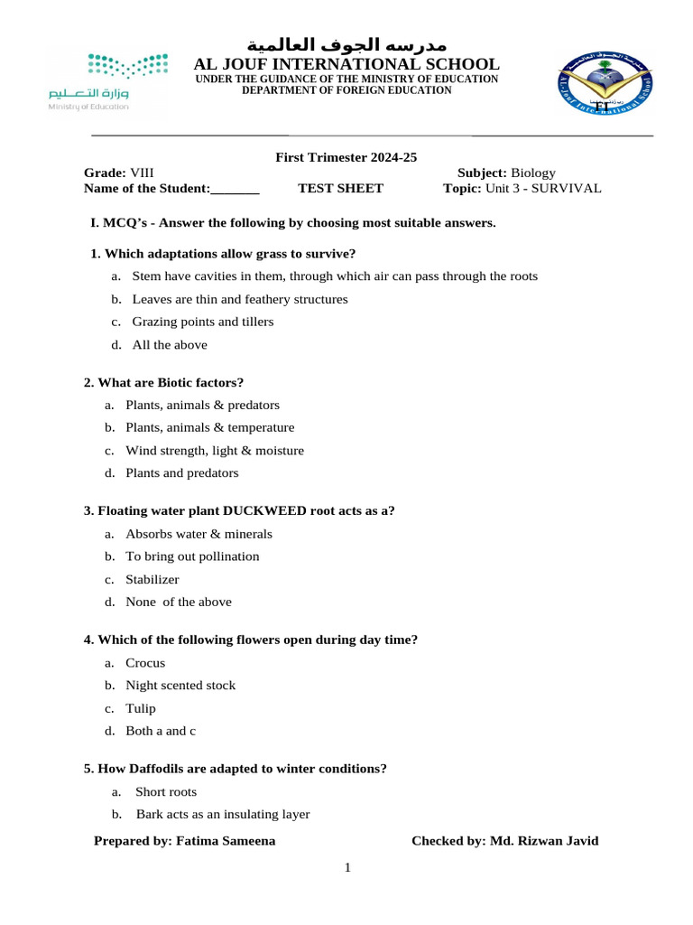 G 8 Biology UNIT 3 (Part 1) MCQs and Short Questions - TS 3 | PDF ...