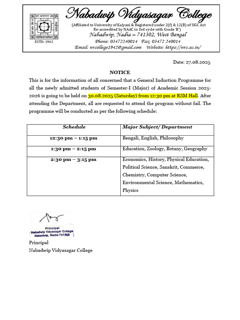 Induction Programme Notice Dt. 30.08.2025 | PDF