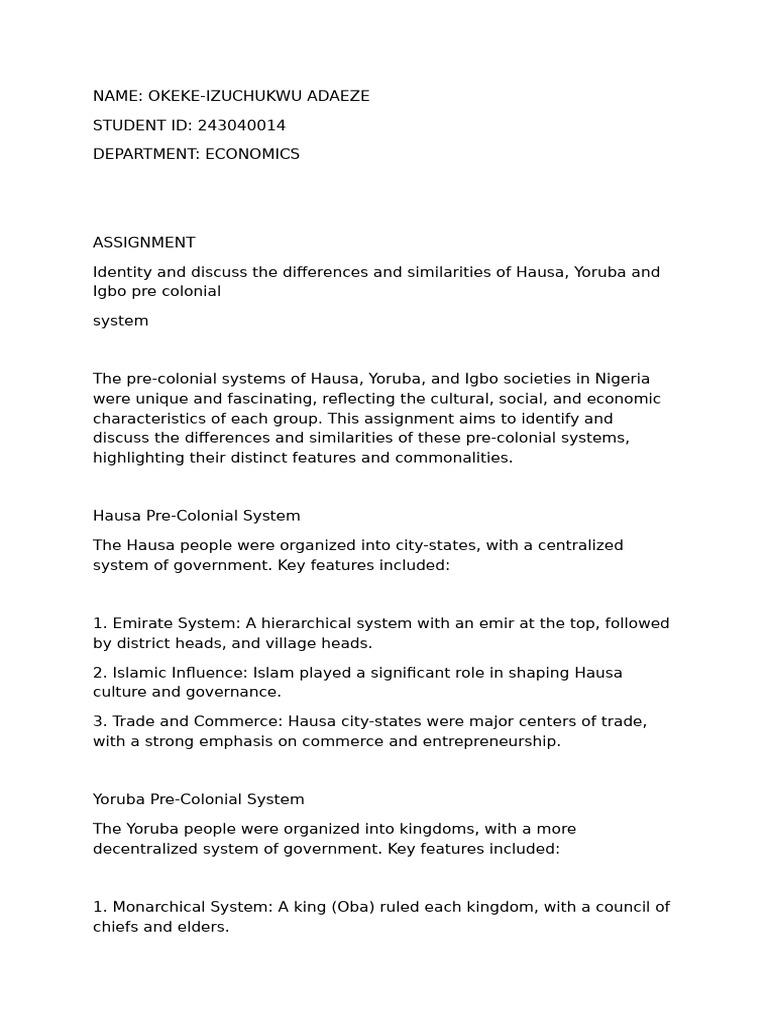 Hausa, Yoruba, Igbo Pre-Colonial Systems | PDF | Igbo People